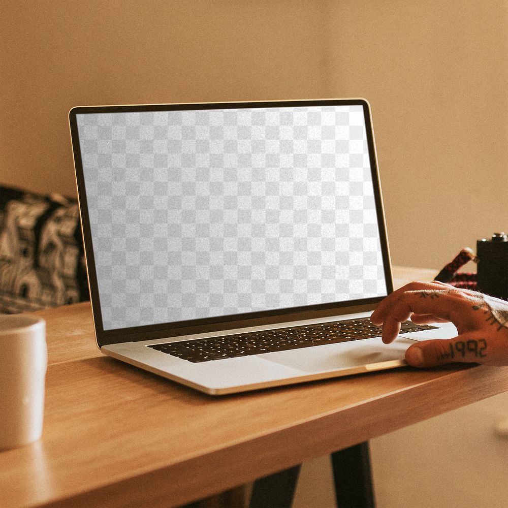 Laptop screen mockup png on a wooden | Free PNG Mockup - rawpixel