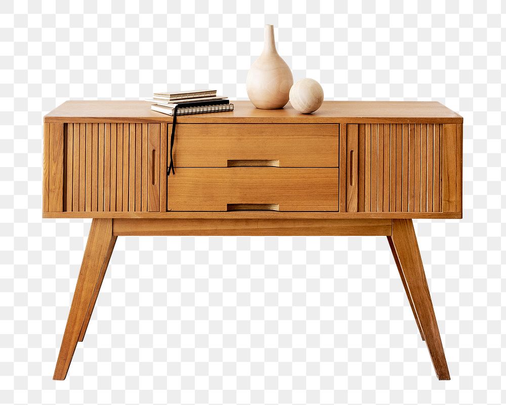 Wooden sideboard table with books | Free PNG Sticker - rawpixel