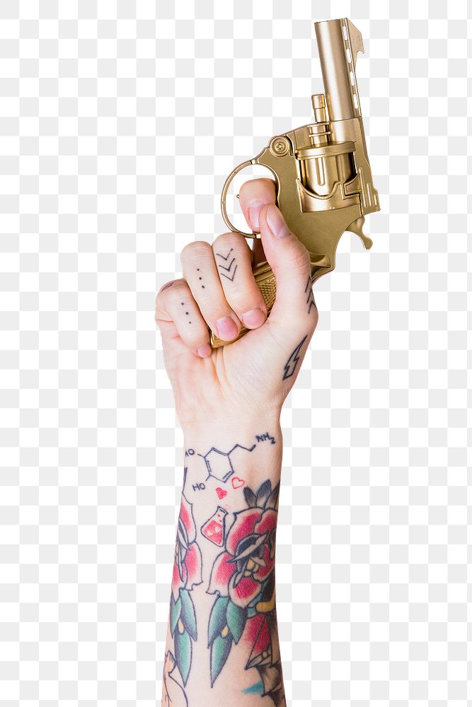 Hand with tattoo holding gun | Free PNG Sticker - rawpixel