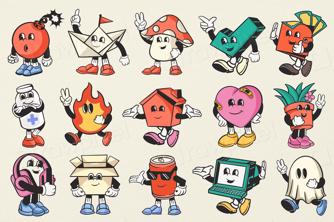 Colorful character set retro illustration, | Premium Editable Design ...