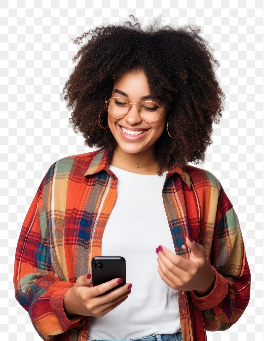 PNG Happy woman using smartphone | Free PNG - rawpixel