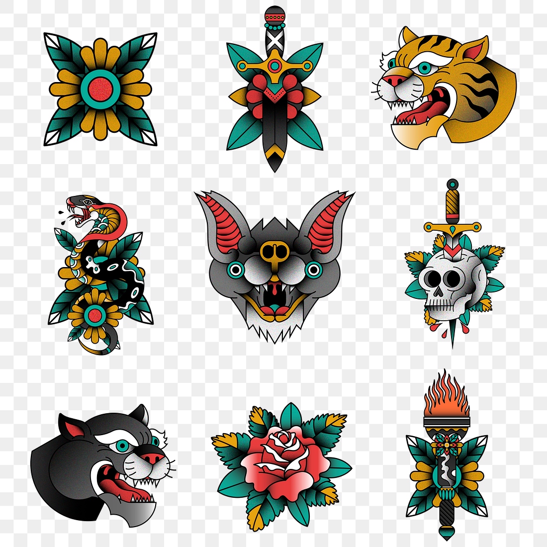 Traditional old school sticker set | Premium PNG - rawpixel