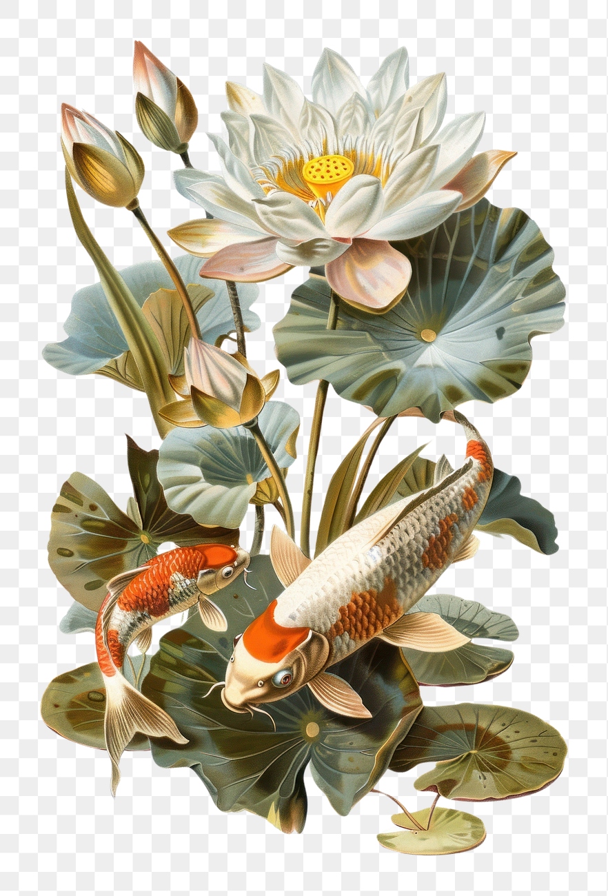 White lotus painting fish lily | Premium PNG - rawpixel
