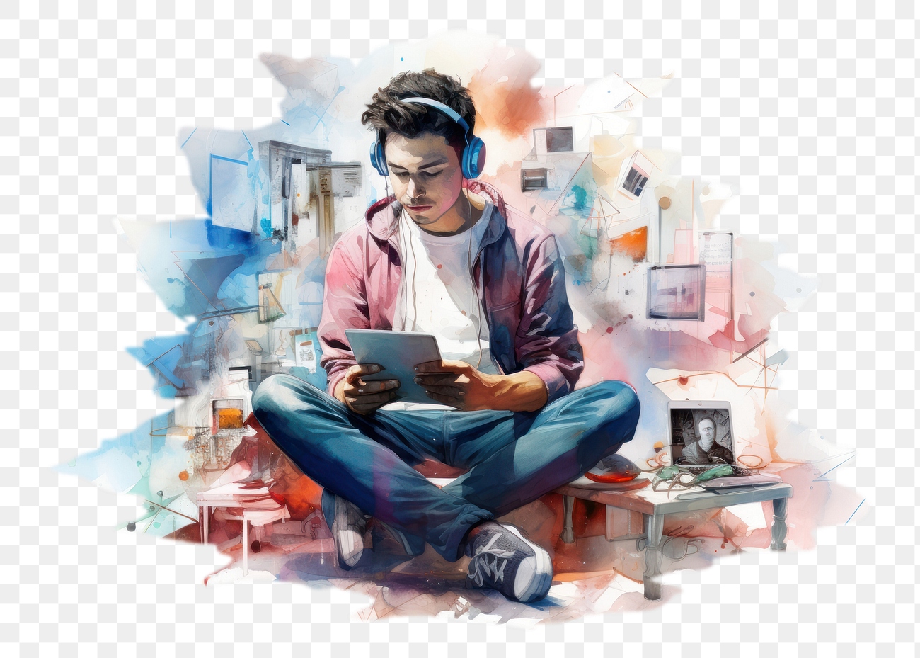 PNG Headphones computer painting sitting. | Premium PNG - rawpixel