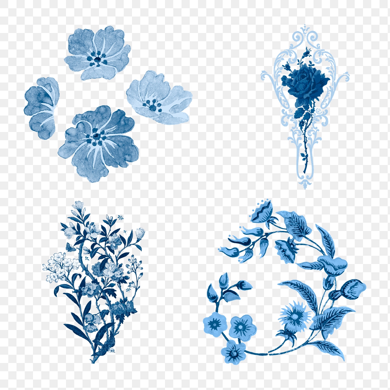 Blue flower set png vintage | Premium PNG - rawpixel