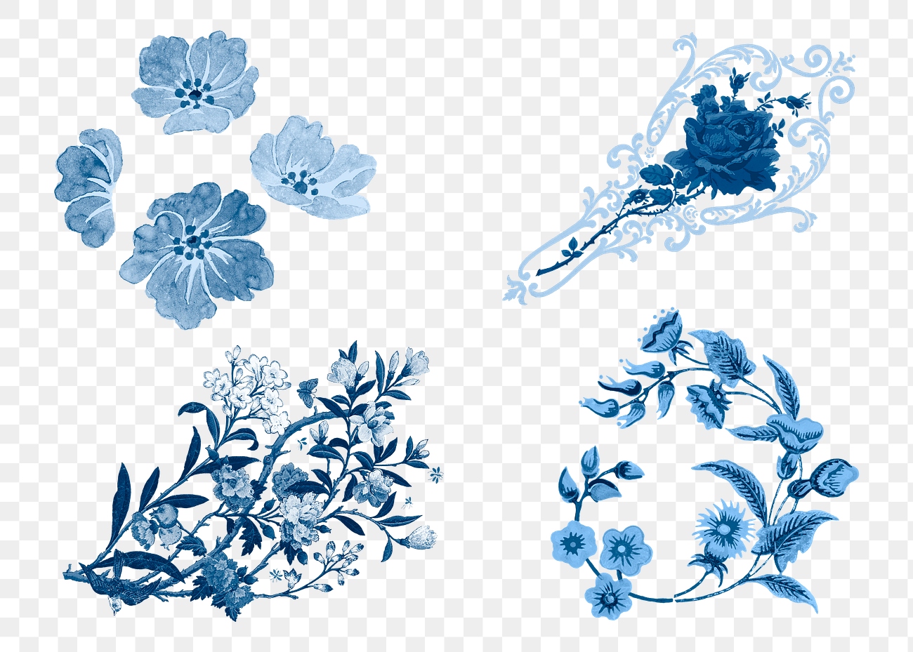 Blue flower set png vintage | Premium PNG - rawpixel