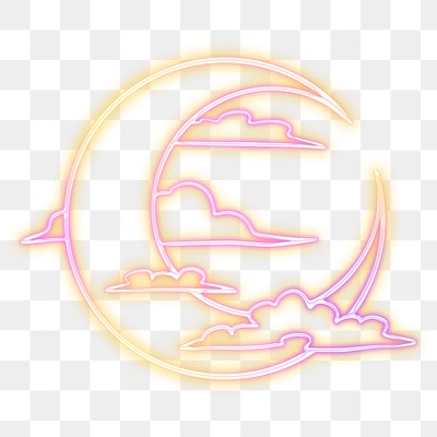Neon crescent moon surrounded by clouds sticker overlay