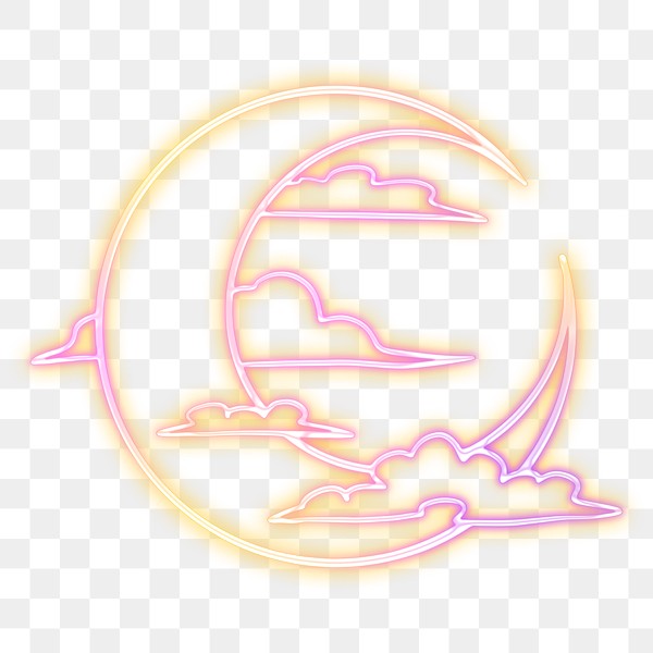 Neon crescent moon surrounded by clouds sticker overlay