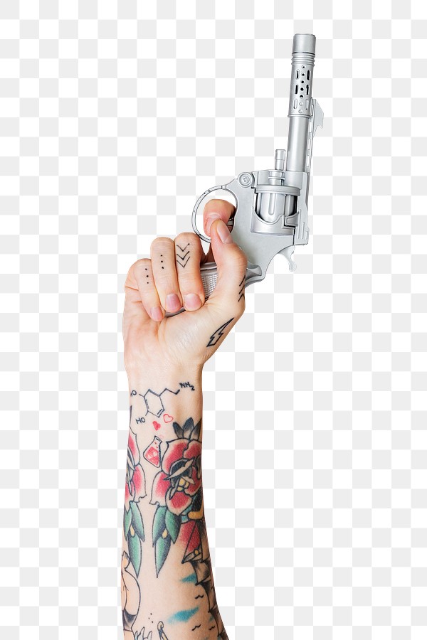 Hand with tattoo holding gun | Free PNG Sticker - rawpixel