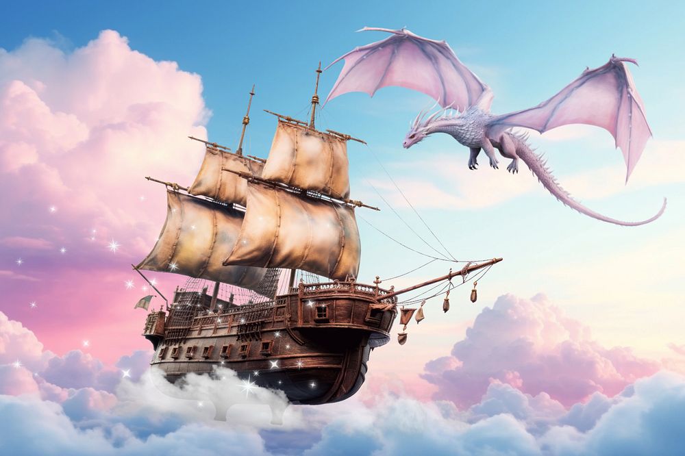 Flying ship fantasy remix, editable | Free Scene Creator - rawpixel