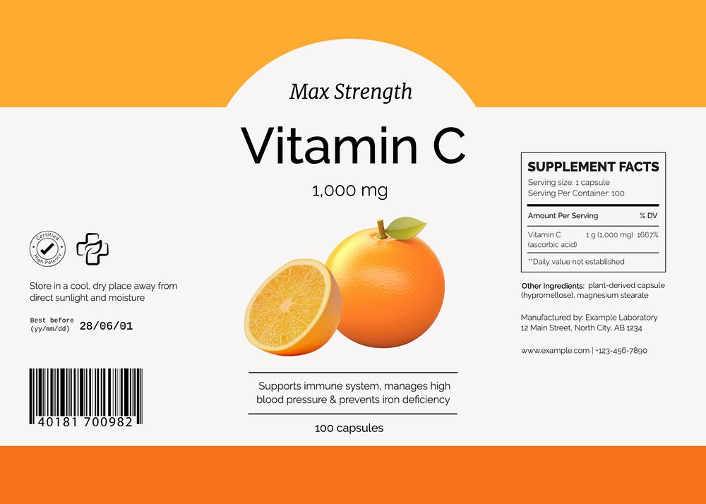 Vitamin C supplement label template, | Premium Editable Template - rawpixel