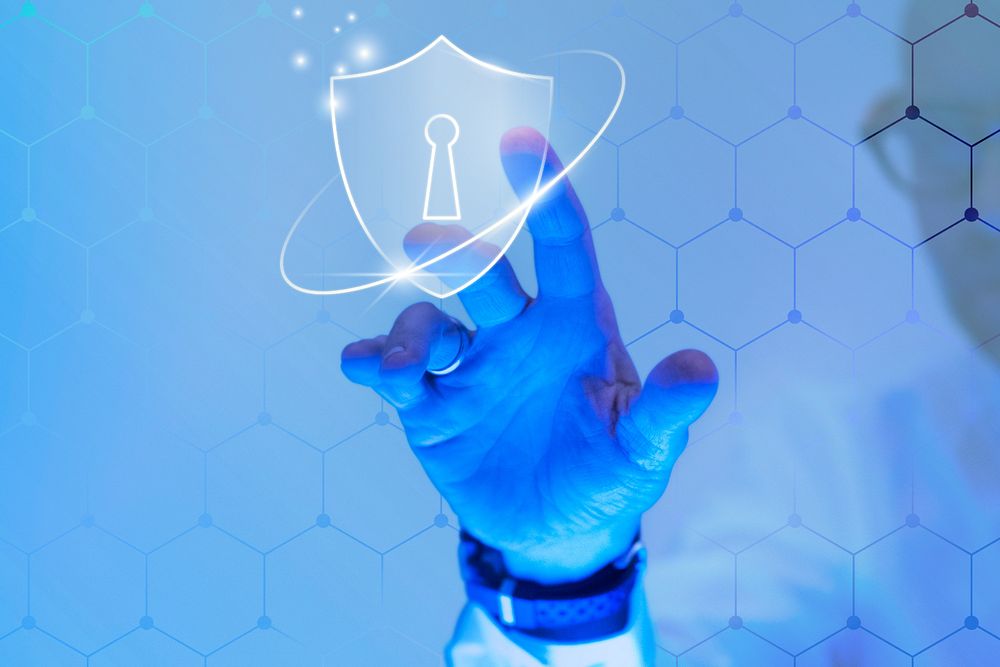 Man touching futuristic blue screen | Premium Editable Design - rawpixel