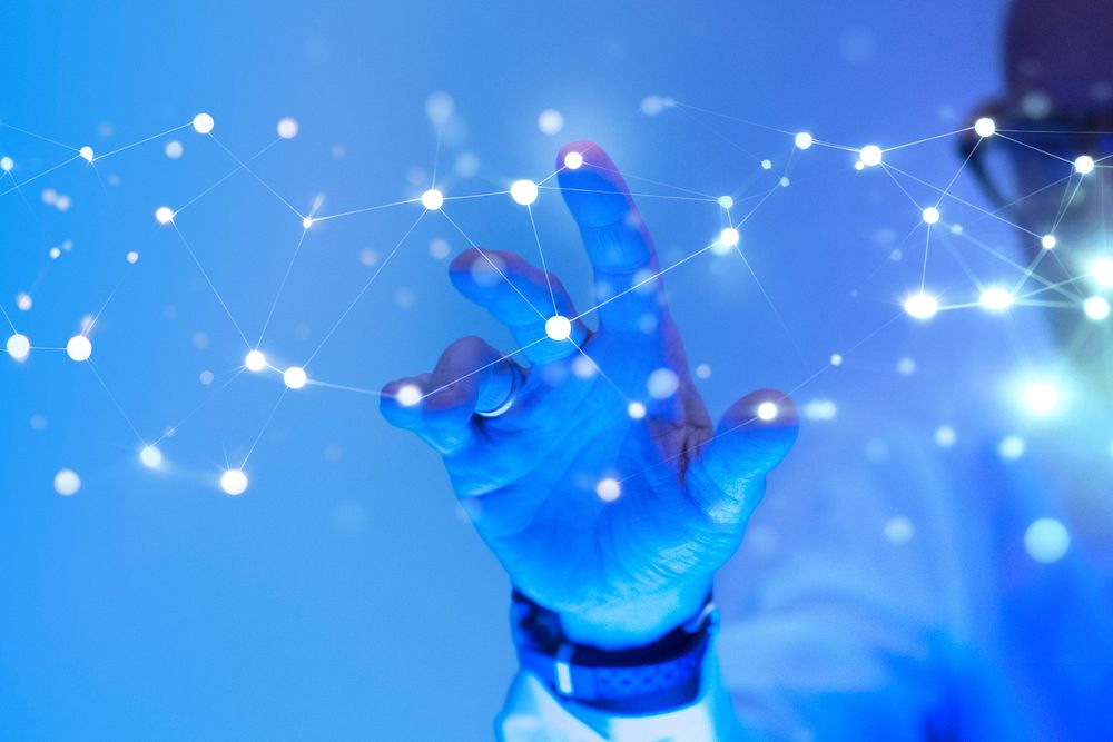Man touching futuristic blue screen | Premium Editable Design - rawpixel