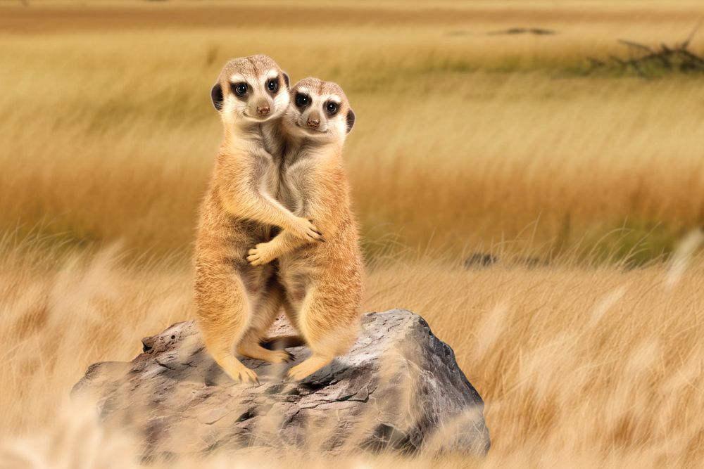 Meerkats hugging animal wildlife nature | Premium Scene Creator - rawpixel