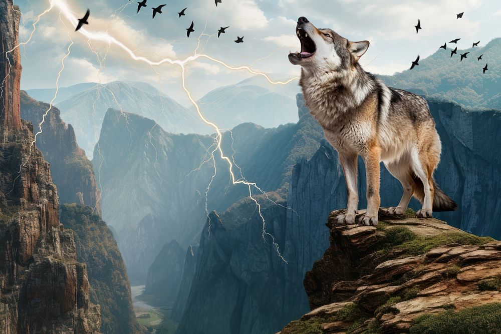 Wolf & lightning animal wildlife | Free Scene Creator - rawpixel