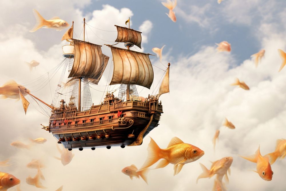 Flying ship and fish fantasy | Free Scene Creator - rawpixel