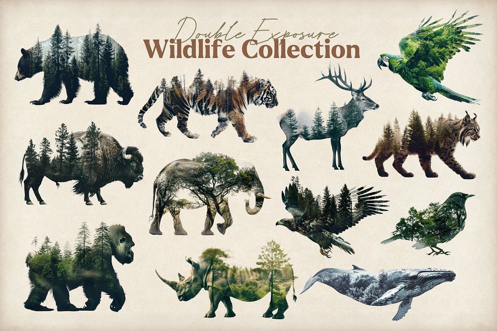 Double exposure wildlife animal set, | Premium Editable Design - rawpixel