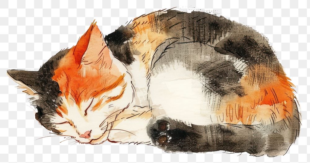PNG Watercolor sleeping calico cat | Premium PNG - rawpixel
