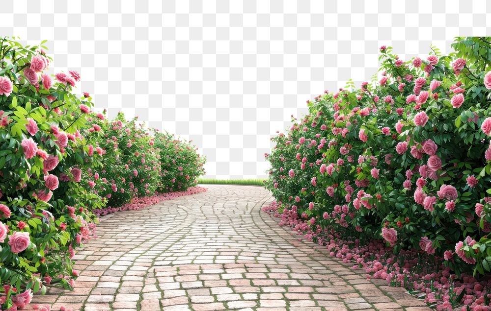 Pathway lined with blooming roses | Free PNG - rawpixel