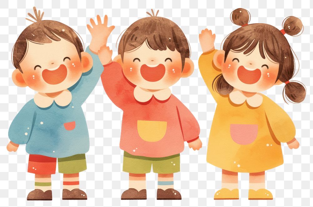 PNG cute three kids waving | Free PNG - rawpixel