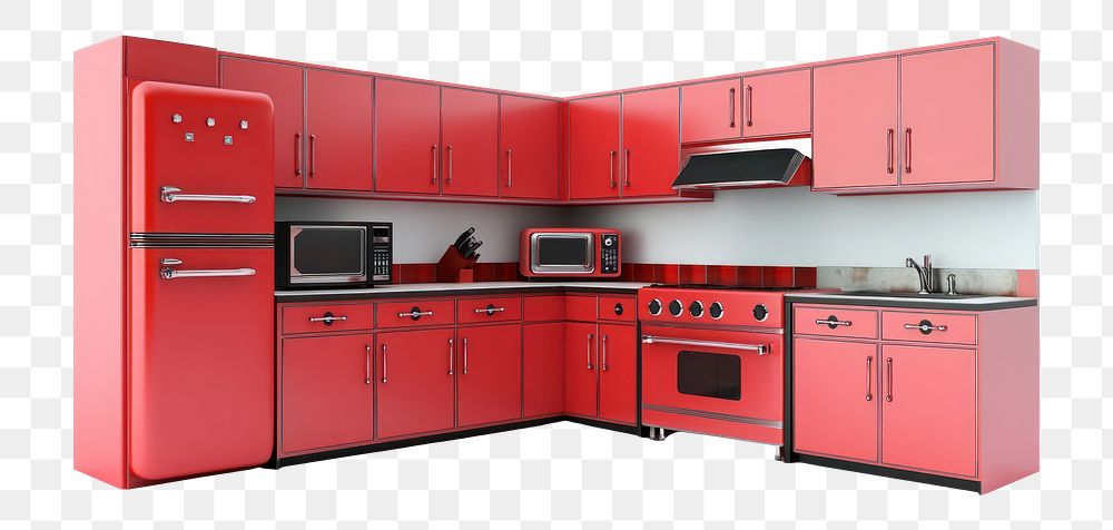 PNG Retro red L-shape kitchen | Free PNG - rawpixel