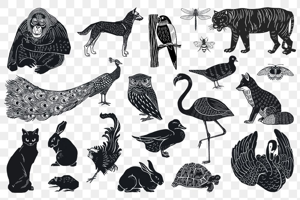 Black animals png sticker linocut | Premium PNG - rawpixel