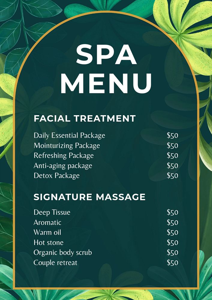 Spa menu poster template, editable | Premium Editable Template - rawpixel