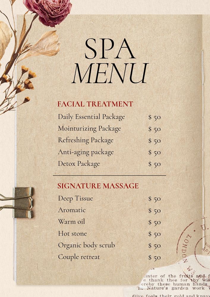 Spa menu poster template, editable | Premium Editable Template - rawpixel