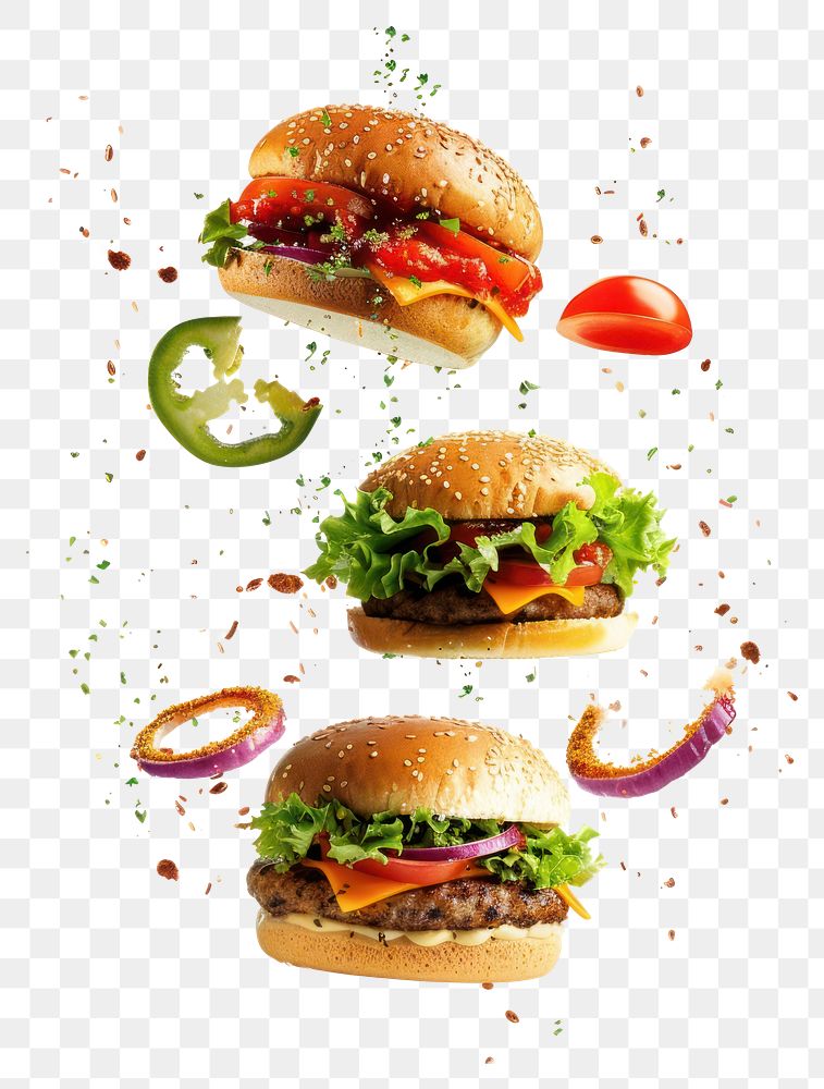 PNG Exploding four burgers food | Free PNG - rawpixel