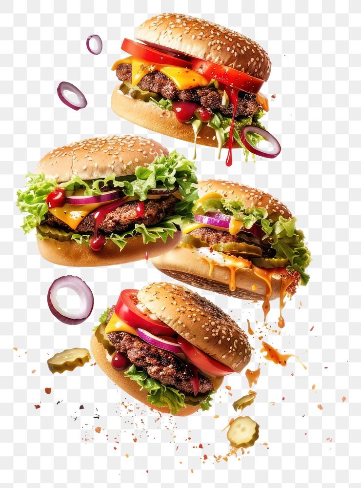 PNG Exploding four burgers food | Free PNG - rawpixel