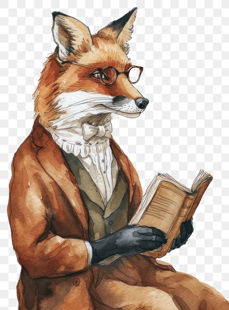PNG Fox reading book watercolor | Free PNG - rawpixel