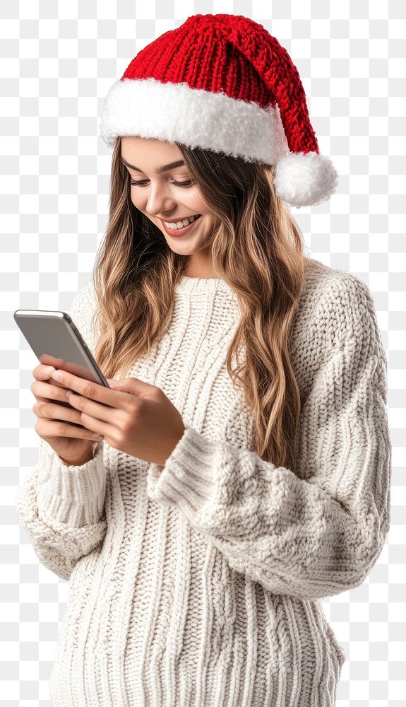 PNG Christmas woman phone sweater | Free PNG - rawpixel