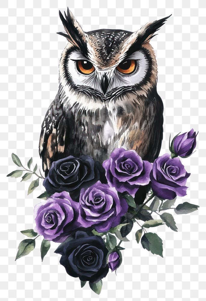 PNG Owl roses art illustration. | Free PNG - rawpixel