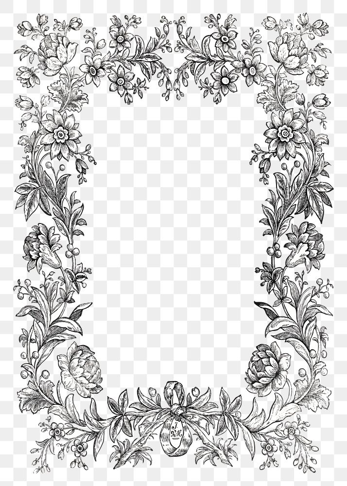 Vintage bw floral frame png, | Premium PNG - rawpixel