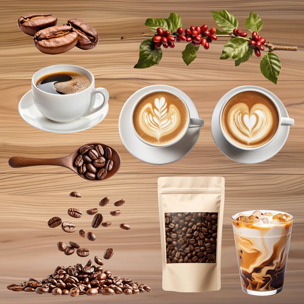 Editable Coffee beans, cups, latte | Premium Editable Design - rawpixel