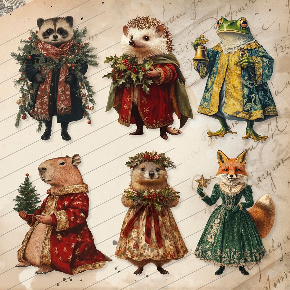 Vintage Christmas animal character illustration | Premium Editable ...