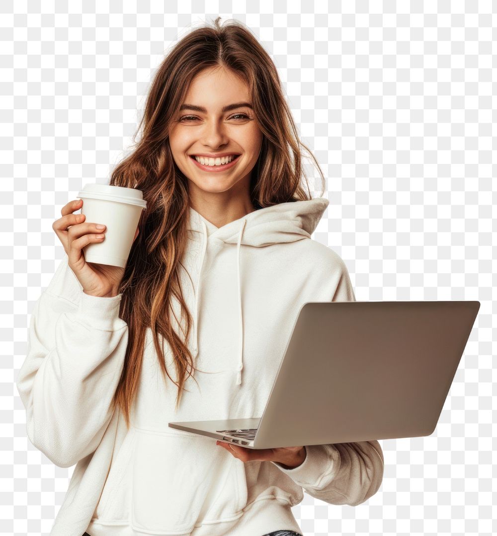 PNG Smiling woman holding laptop | Free PNG - rawpixel