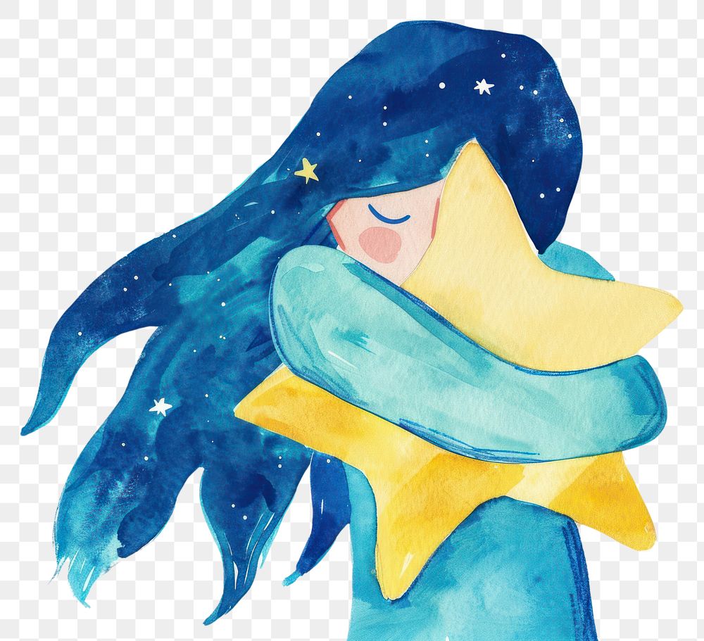 Dreamy girl hugging star | Free PNG - rawpixel