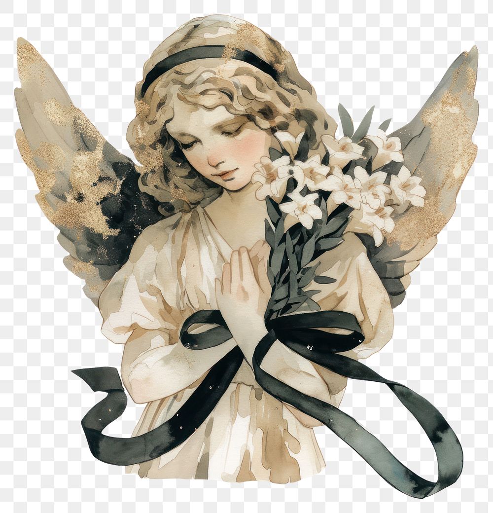 PNG Serene angel holding flowers | Free PNG - rawpixel
