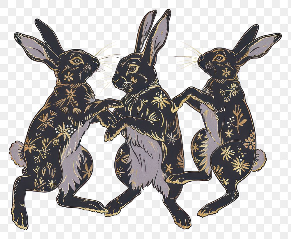 PNG Three floral-patterned dancing rabbits | Free PNG - rawpixel