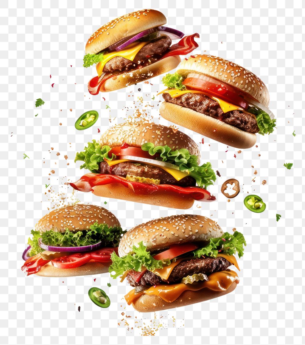 PNG Exploding four burgers food | Premium PNG - rawpixel