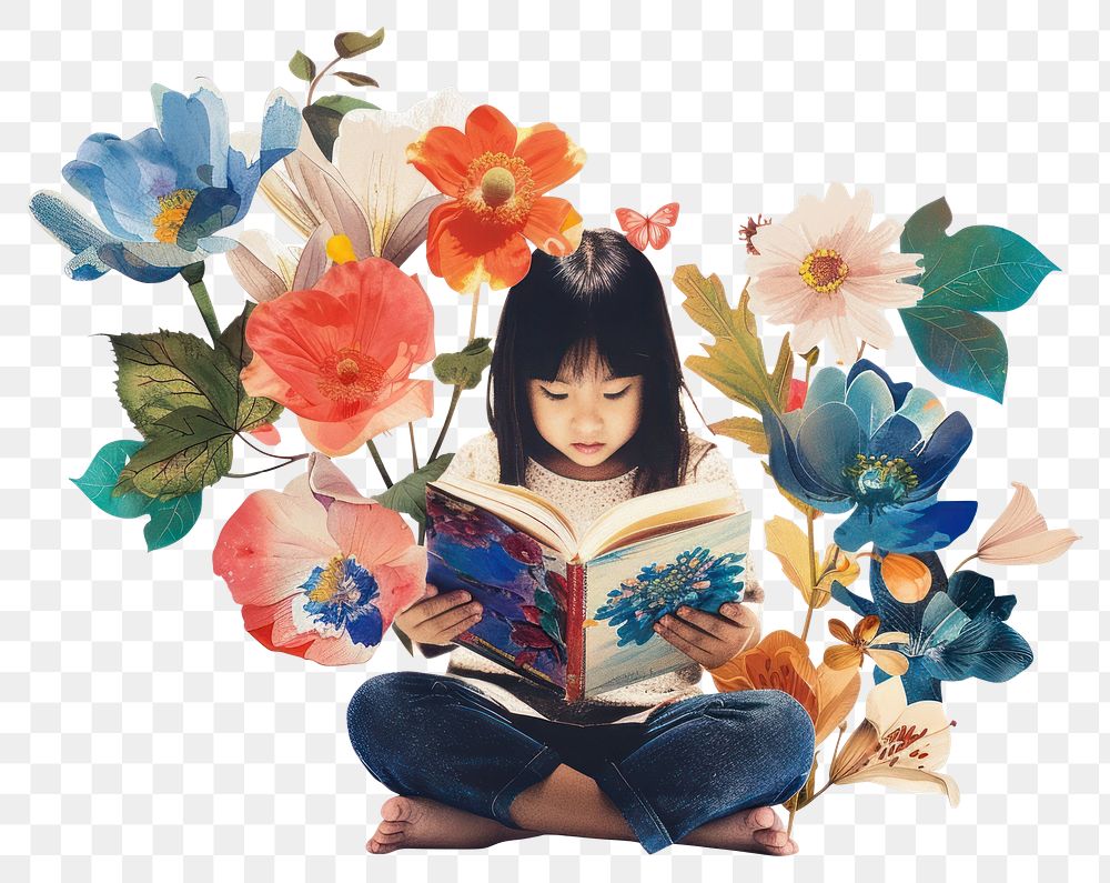 PNG Child reading book flower | Free PNG - rawpixel