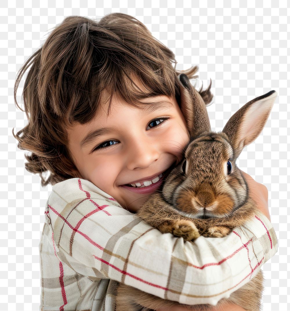 PNG young boy hugging rabbit | Free PNG - rawpixel