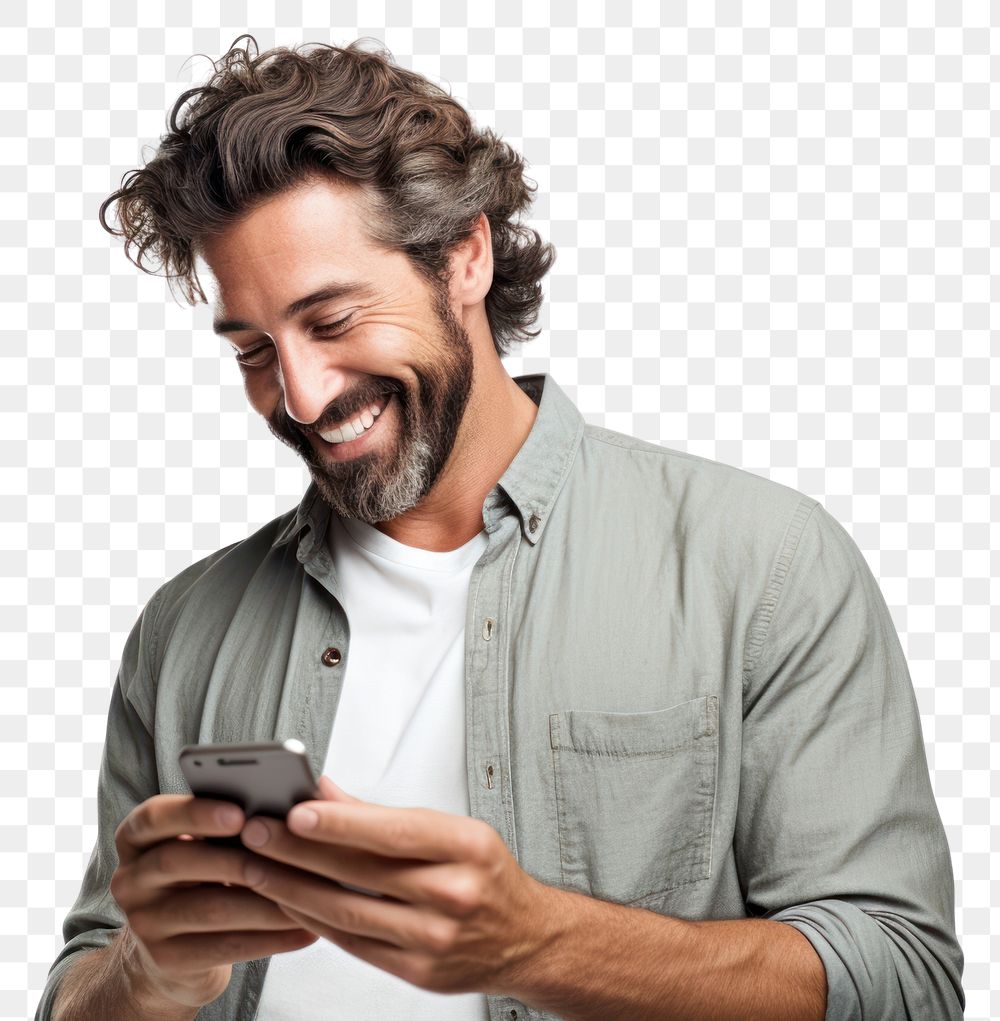 PNG Smiling looking his phone | Free PNG - rawpixel