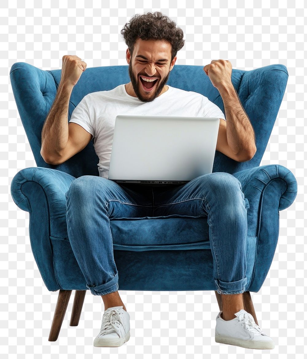 PNG Man cheering armchair laptop | Free PNG - rawpixel