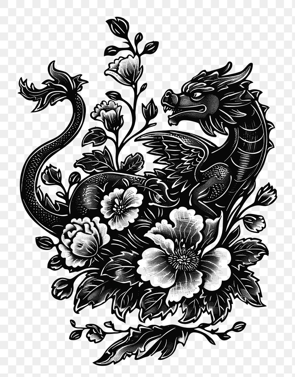 PNG Dragon flowers art illustration | Free PNG - rawpixel