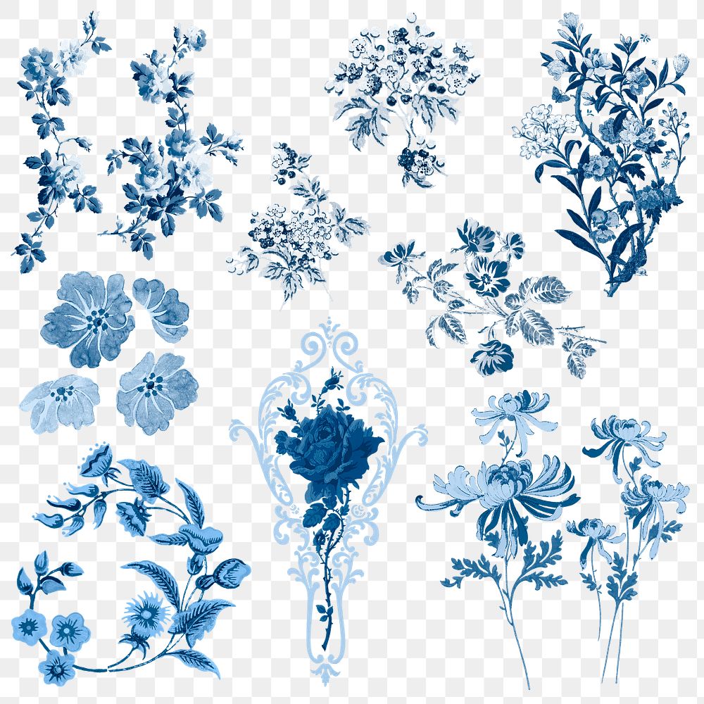 Blue flower set png vintage | Premium PNG - rawpixel