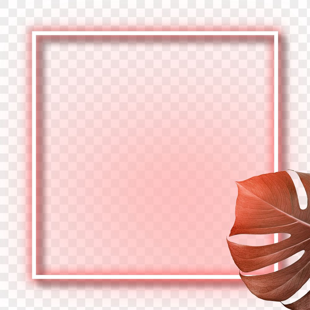 Neon red square frame on a monstera | Free PNG - rawpixel