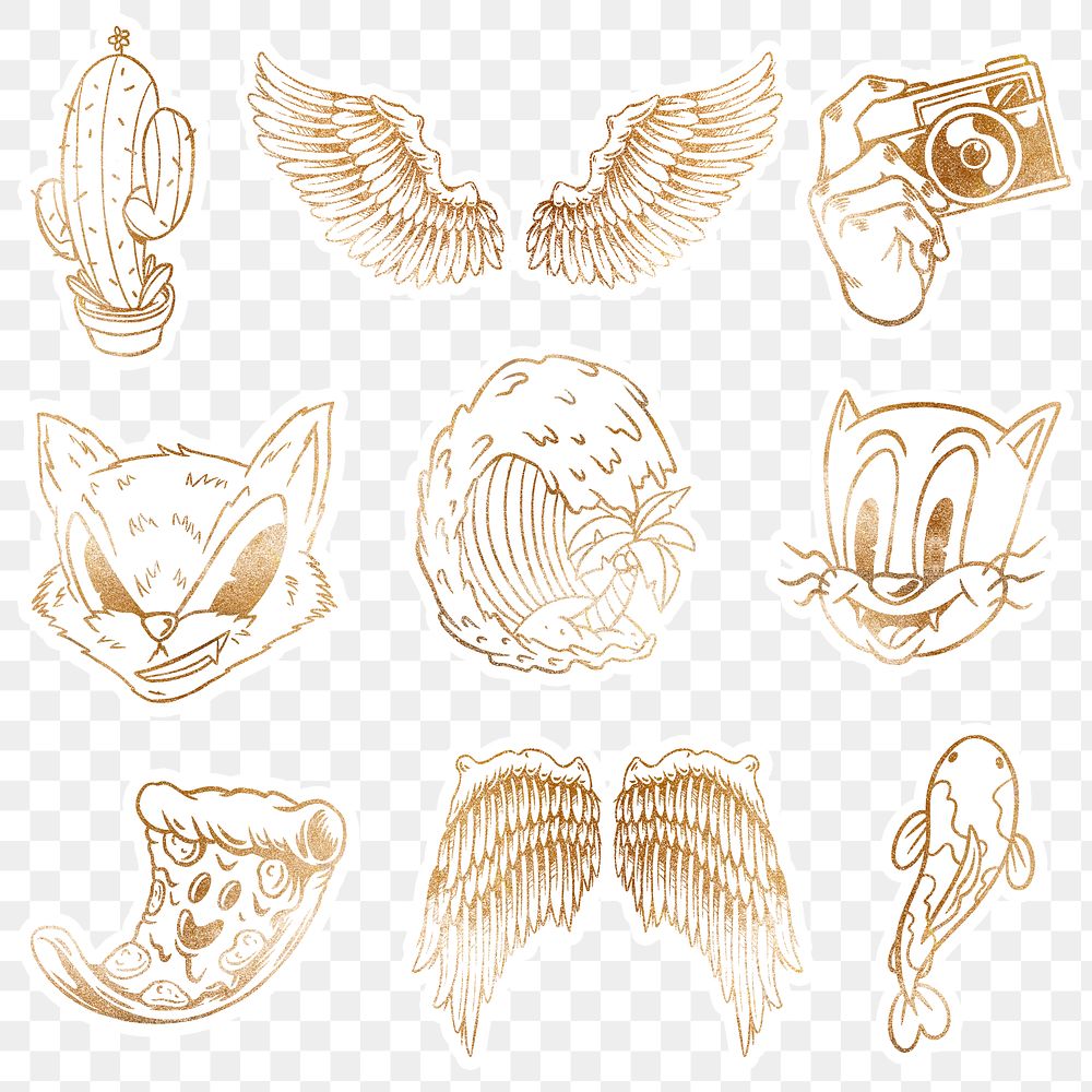 Shimmering golden cartoon sticker collection | Premium PNG - rawpixel