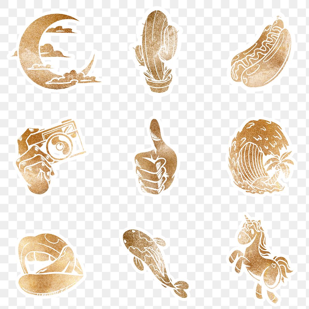 Shimmering golden cartoon sticker collection | Premium PNG - rawpixel